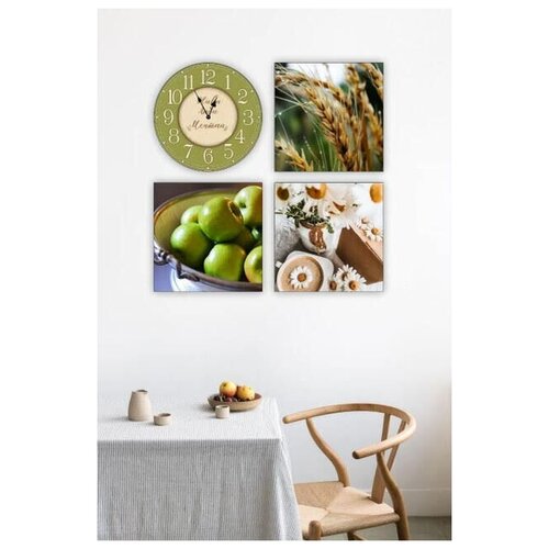 Комплект картин на дереве для интерьера кухни с часами "Зеленый" 60*60см