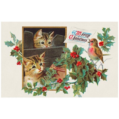 Постер / Плакат / Картина Котята на рождественской открытке 40х50 см в подарочном тубусе