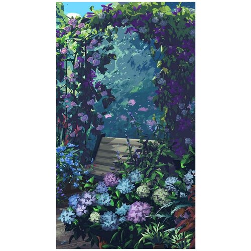 Картина на холсте 60x110 LinxOne "Скамейка, розы, цветы, арка, вертикальный" интерьерная для дома / на стену / на кухню / с подрамником
