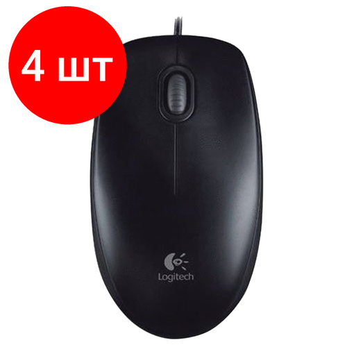 Комплект 4 шт, Мышь проводная LOGITECH B100, USB, 2 кнопки + 1 колесо-кнопка, оптическая, черная, 910-003357