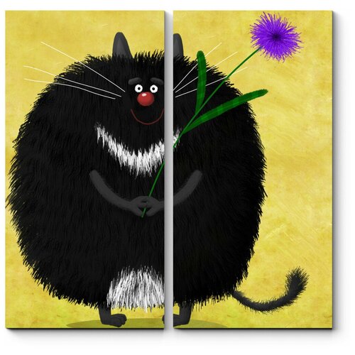 Модульная картина Милый черный кот с фиолетовой астрой 140x140