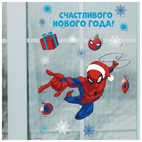 Наклейка на окно Marvel "Счастливого нового года!", Человек-паук, 22х30х0,1 см