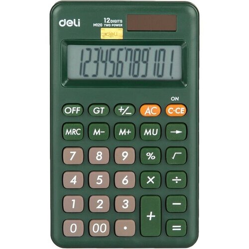 Калькулятор настольный Deli компактный, 12 разрядов, двойное питание, 118x70 мм, зеленый (E1705)