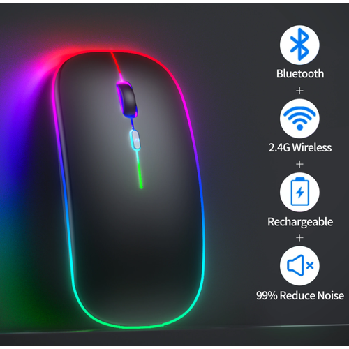 Беспроводная ультратонкая мышь с LED подсветкой / Бесшумная мышка для компьютера, ноутбука и пк / Bluetooth + Wireless 2.4G / Black