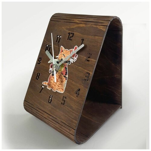 Настольные часы из дерева, цвет венге, яркий рисунок милота котик самурай азия япония - 168