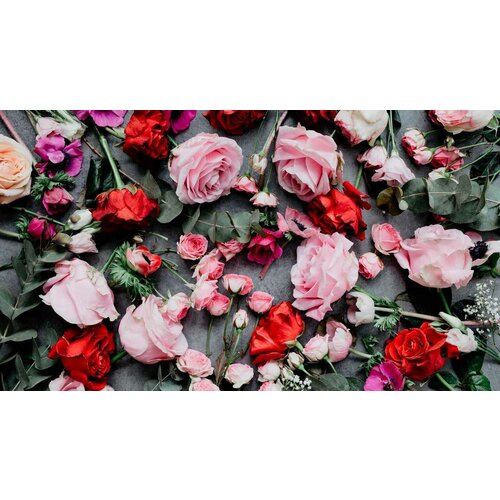 Картина на холсте 60x110 LinxOne "Цветы, розы, композиция, красный, розовый" интерьерная для дома / на стену / на кухню / с подрамником