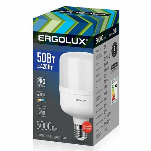 Лампа светодиодная E40, 50 Вт, 150-240 В, цилиндр, 6500 К, свет холодный белый, Ergolux, LED-HW50 PR