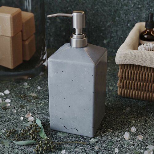 Дозатор для жидкого мыла и моющего средства, диспенсер для мыла с металлической насадкой Emily, 0,4 л, из бетона, серый глянцевый