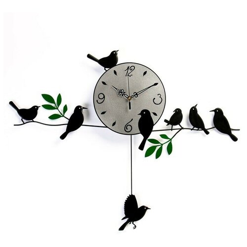 Часы настенные плавный ход, серия: Маятник, "Птички на веточках", 74х52 см, часы интерьерные