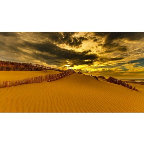 Картина на холсте 60x110 Альянс Лес "Закат забор море песок тучи" на подрамнике / интерьер/ декор