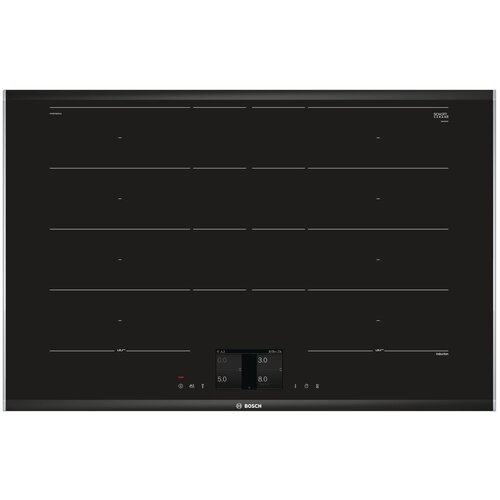 Индукционная варочная панель BOSCH PXY875KW1E, с рамкой, цвет панели черный, цвет рамки серебристый