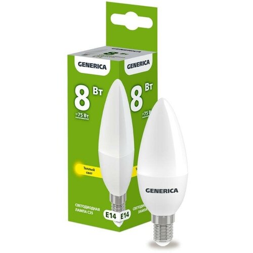 Лампа светодиодная C35 8Вт свеча 3000К E14 230В | код. LL-C35-08-230-30-E14-G | GENERICA (9шт. в упак.)