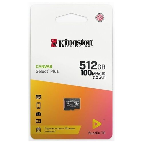 Карта памяти Kingston Canvas Select Plus microSDHC UHS-I Class 10 512GB + подписка билайн тв на 2 месяца