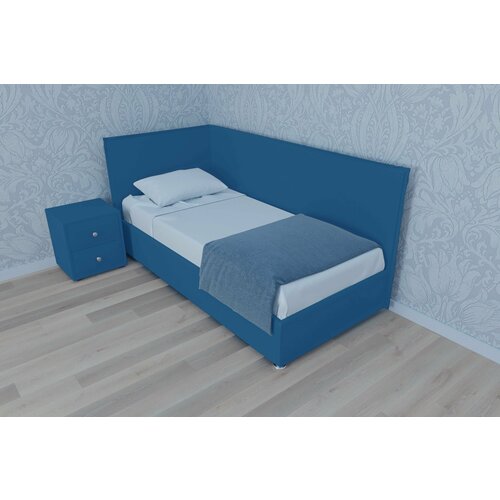 Двуспальная кровать Сеул 140x200 основание металлическое с ламелями велюр синий ножки 5 см угол правый