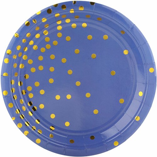 Тарелки одноразовые бумажные/Набор одноразовых бумажных тарелок для праздника (7'/18 см) Золотое конфетти, Синий/Золото, Металлик, 6 шт.