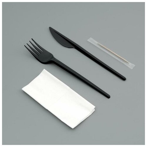 Набор одноразовой посуды "Вилка, нож, салф. бум, зубочистка" черный цвет, 16,5 см (25 набор)