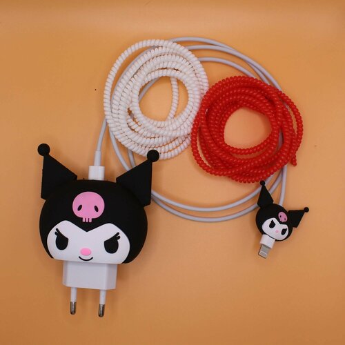 Комплект с обмоткой-спиралью для кабеля и защитный чехол для зарядки / защита кабеля от излома / Kawaii Kuromi Каваи Куроми (белый матовый и красный)