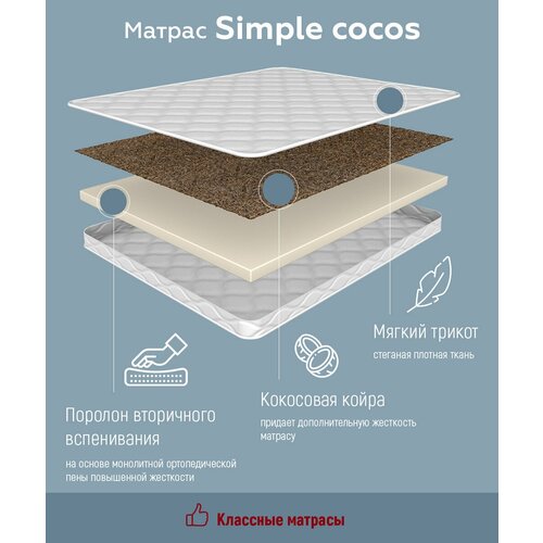 Матрас SIMPLE COCOS высота 18см для сна на диван кровать ортопедическая пена ВВ кокос стеганный жаккард (90 / 200)