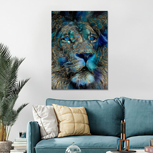Интерьерная картина на холсте на стену/постер/ Портрет льва синяя мозаика 50х70