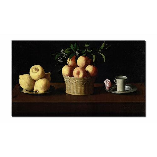 Картина для интерьера на холсте Франсиско де Сурбаран «Натюрморт с лимонами, апельсинами и розой» 28х50, холст натянут на подрамник