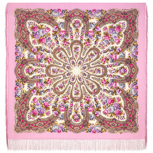 Платок Павловопосадская платочная мануфактура,146х146 см, лиловый, розовый