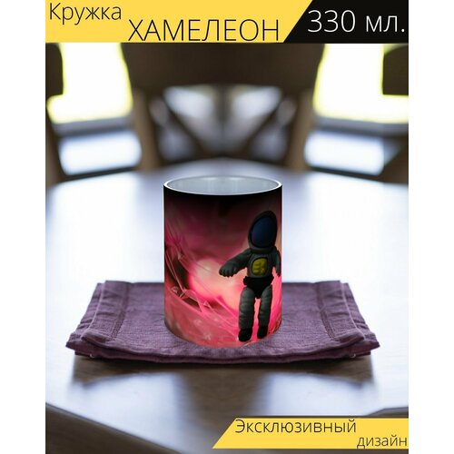 Кружка хамелеон с принтом "Космонавт, космическое путешествие, миниатюра" 330 мл.