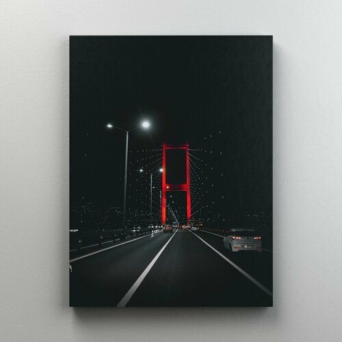 Интерьерная картина на холсте "Красный мост на фоне ночного города" размер 30x40 см