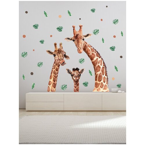 Наклейки на стену интерьерные Семья Жирафов и тропические листья для гостиной или спальни Lisadecor