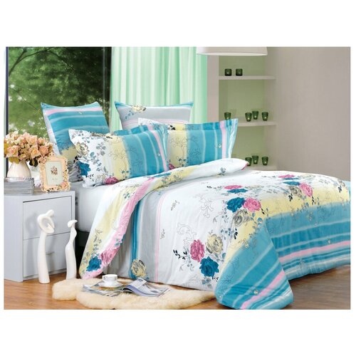 Комплект постельного белья СайлиД A-149, 1.5-спальное, поплин, голубой/белый