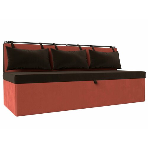 Кухонный прямой диван-кровать Метро, Микровельвет коричневый и коралловый