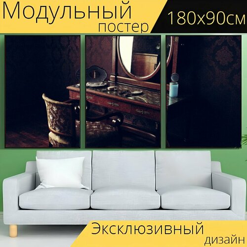 Модульный постер "Старая комната, зеркало, интерьер" 180 x 90 см. для интерьера