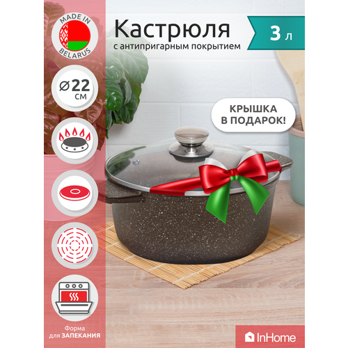 Литая алюминиевая кастрюля со стеклянной крышкой, InHome IVPL/3.0