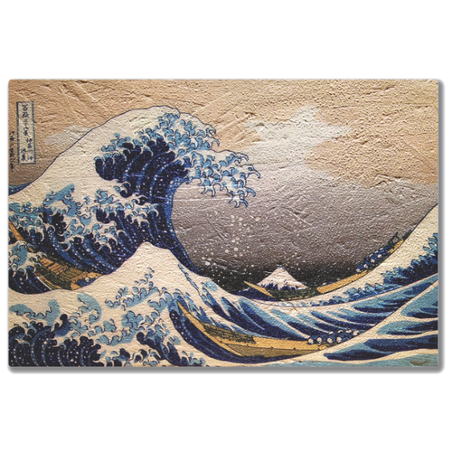 Репродукция картины - гравюры Кацусики Хокусая "Большая волна в Канагаве". Интерьерная фреска на доске. 45х30см