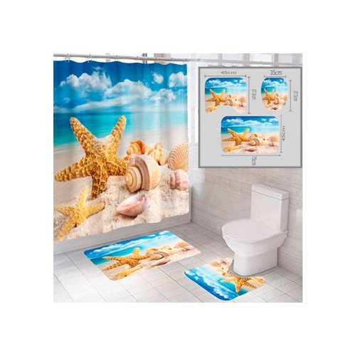 Комплект штора и 2 коврика для ванной комнаты 'Пляж-4'