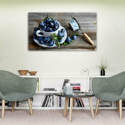 Картина на холсте 60x110 LinxOne "Сливы Julia Khusainova чашка" интерьерная для дома / на стену / на кухню / с подрамником