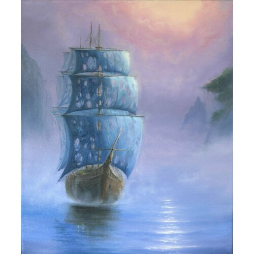 Картина маслом ручной работы "Корабль призрак", холст 40х50 см, для интерьера, туман, море, мистика