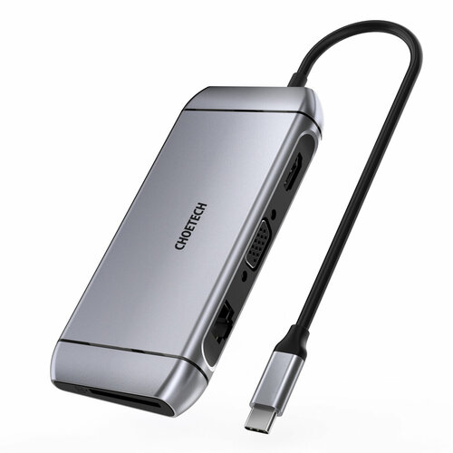 Док-станция хаб USB-C 9-в-1 Choetech, 1xRJ45, 1xVGA, 1xHDMI, 1xUSB-C, 1xTF, 1xSD, 3xUSB-A 3.0, 1xUSB-C PD, цвет серый (HUB-M15)