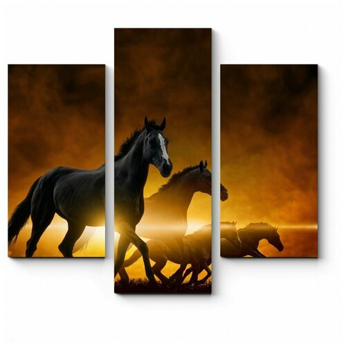 Модульная картина Бегущие лошади на фоне закатных облаков 90x81