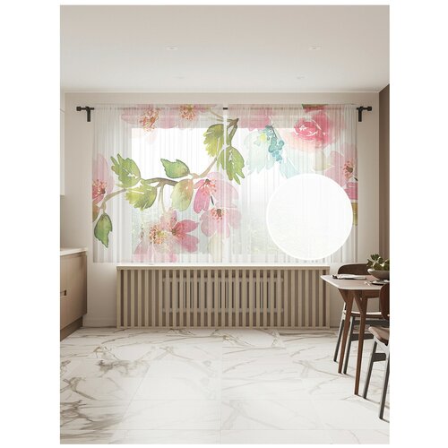 Тюль для кухни и спальни JoyArty "Акварельная цветущая ветка", 2 полотна со шторной лентой шириной по 145 см, высота 180 см