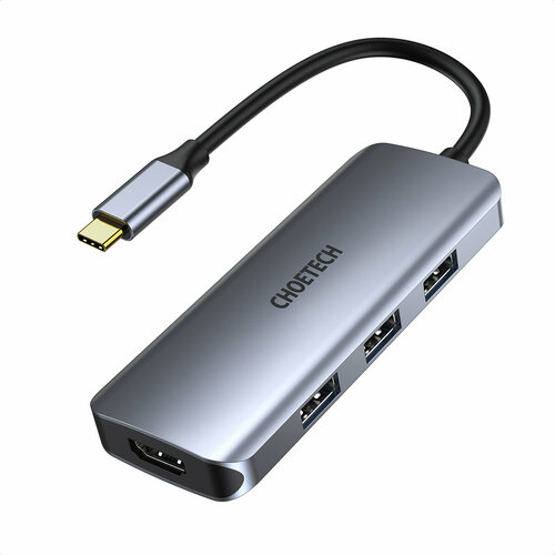 Док-станция хаб USB-C 7-в-1 Choetech, 1xHDMI, 3xUSB-A 3.0, 1xSD, 1xTF, 1xUSB-C, цвет серый (HUB-M19)
