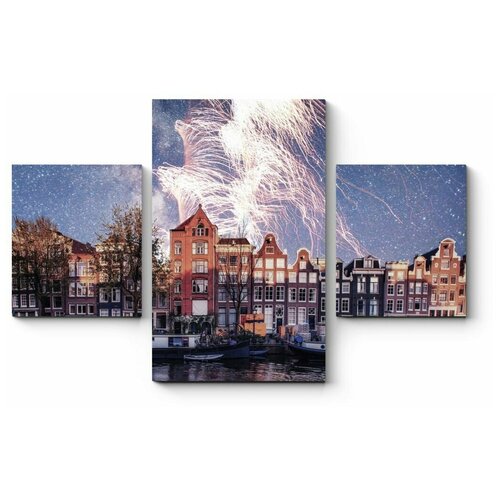 Модульная картина Яркий фейерверк в ночном небе Амстердама 110x72