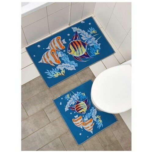 Набор ковриков для ванной и туалета Доляна "Подводный мир", 2 шт: 45х48, 58х78 см