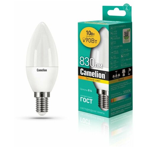 LED лампа Camelion C35, 10 Вт, 830, E14, 220 В, 1/10