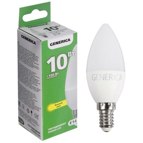 Лампа светодиодная GENERICA C35, 10 Вт, свеча, 3000 К, E14, 230 В, LL-C35-10-230-30-E14-G