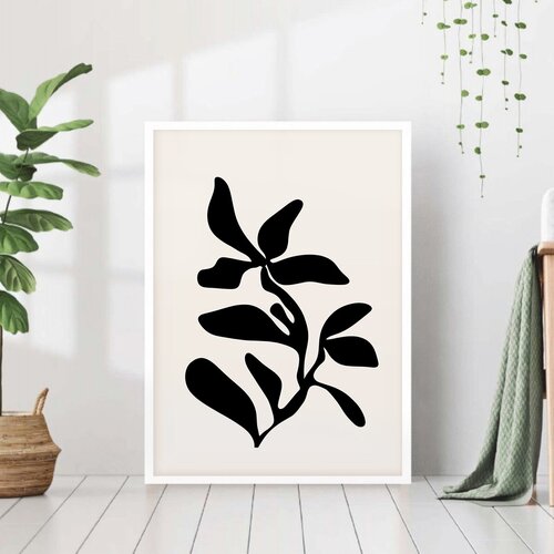 Постер "Абстракция черное растение на светлом фоне" 50 на 70 в белой рамке / Картина для интерьера / Плакат / Постер на стену