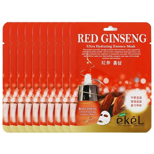 EKEL Тканевая маска для лица с экстрактом красного женьшеня Red ginseng Ultra Hydrating Essence Mask 10шт 25 г