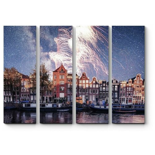 Модульная картина Яркий фейерверк в ночном небе Амстердама 80x60