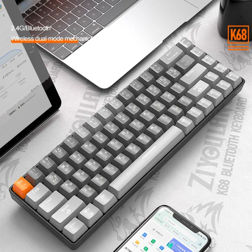 Клавиатура механическая беспроводная русская Free Wolf K68 Ultra Bluetooth+2.4G+Hot Swap игровая для компьютера ноутбука планшета Черн/Темно-сер/Оран