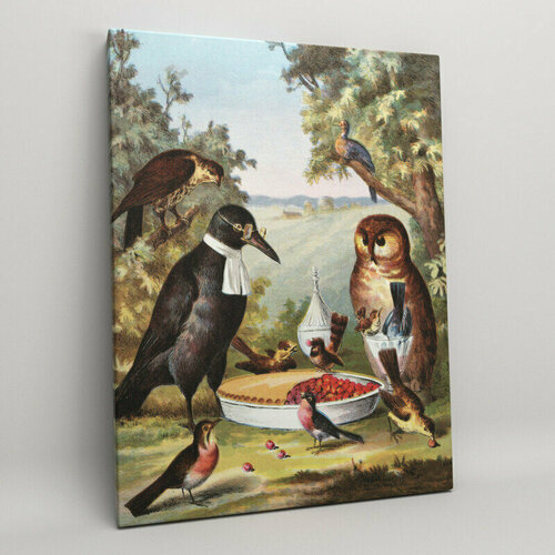 Картина на холсте (интерьерный постер) "Книжная иллюстрация - птицы", с деревянным подрамником, размер 45x60 см
