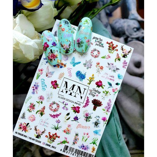 MIW Nails "Слайдеры для ногтей" водные наклейки для дизайна #W-65 цветной цветы
